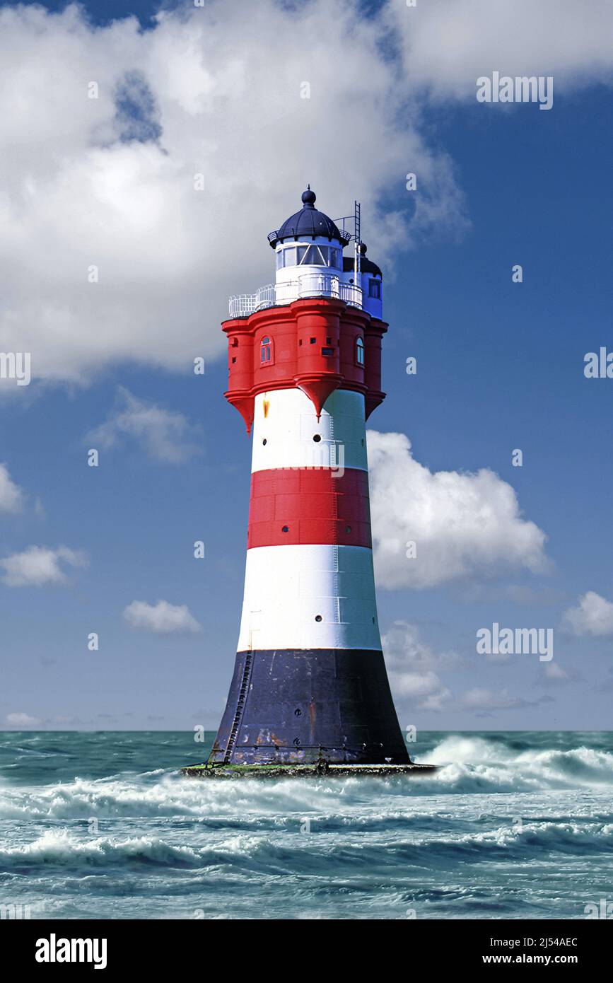 Roter Sand Lighthouse in the Weser estuary in front of a blue sky with ...