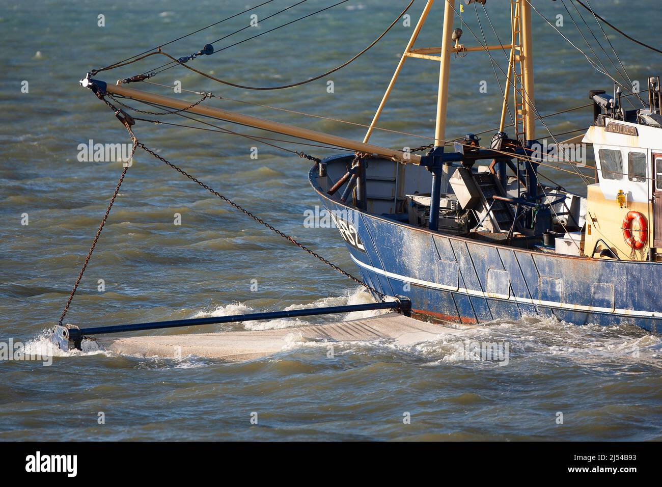 shrimp boat on the North Sea, trawl on the side, Belgium, West Flanders ...