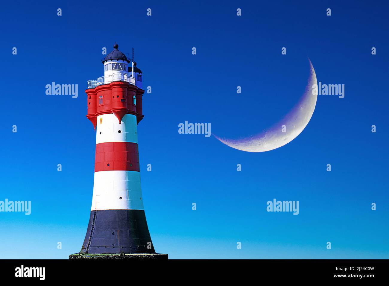Roter Sand lighthouse in front of blue sky with crescent moon ...