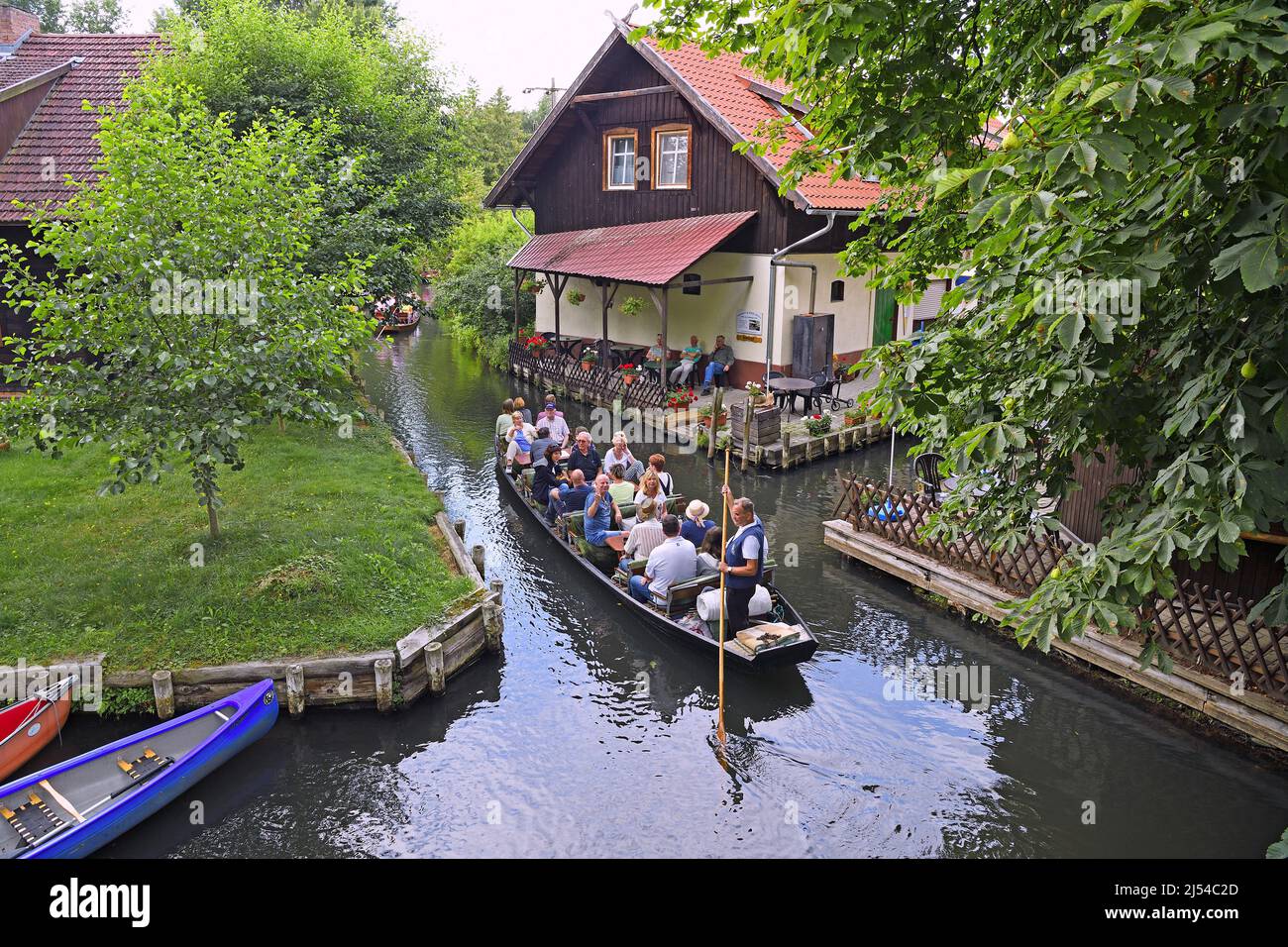 Tourists in Spreewald barges at the village Lehde, Germany, Brandenburg ...