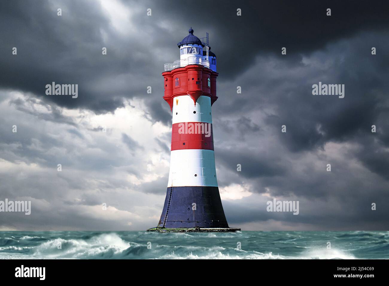 Roter Sand Lighthouse in the Weser estuary before a thunderstorm ...