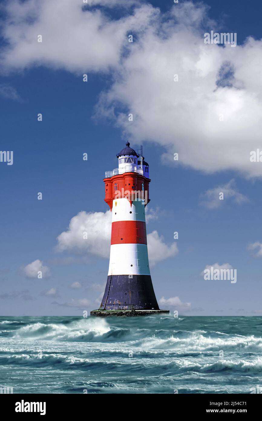 Roter Sand Lighthouse in the Weser estuary in front of a blue sky with ...