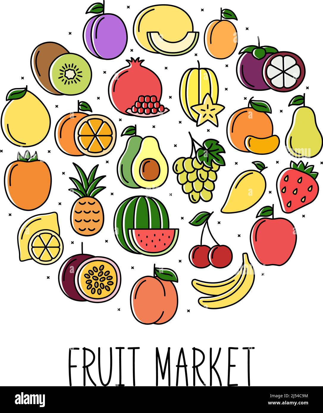 Round banner with color fruits icons. Design for market and store ...