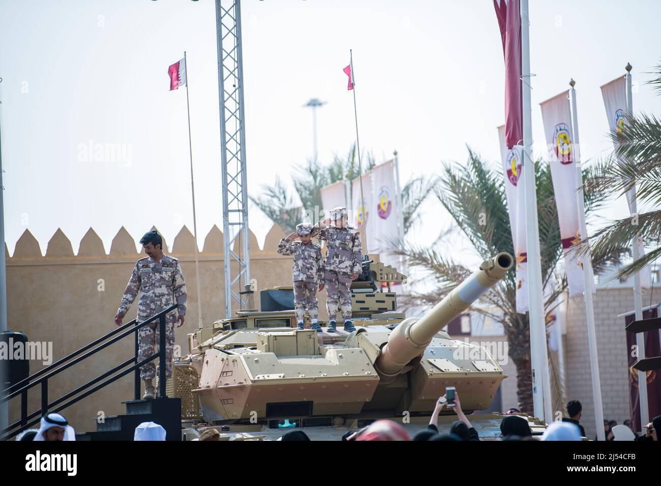 Doha, Qatar, December 18,2019. Qatari children dressed in traditional ...