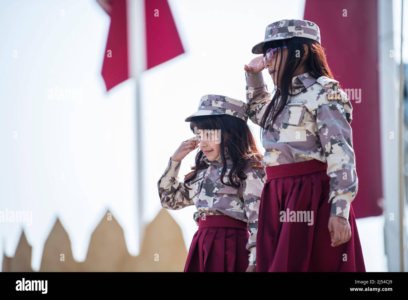 Doha, Qatar, December 18,2019. Qatari children dressed in traditional ...