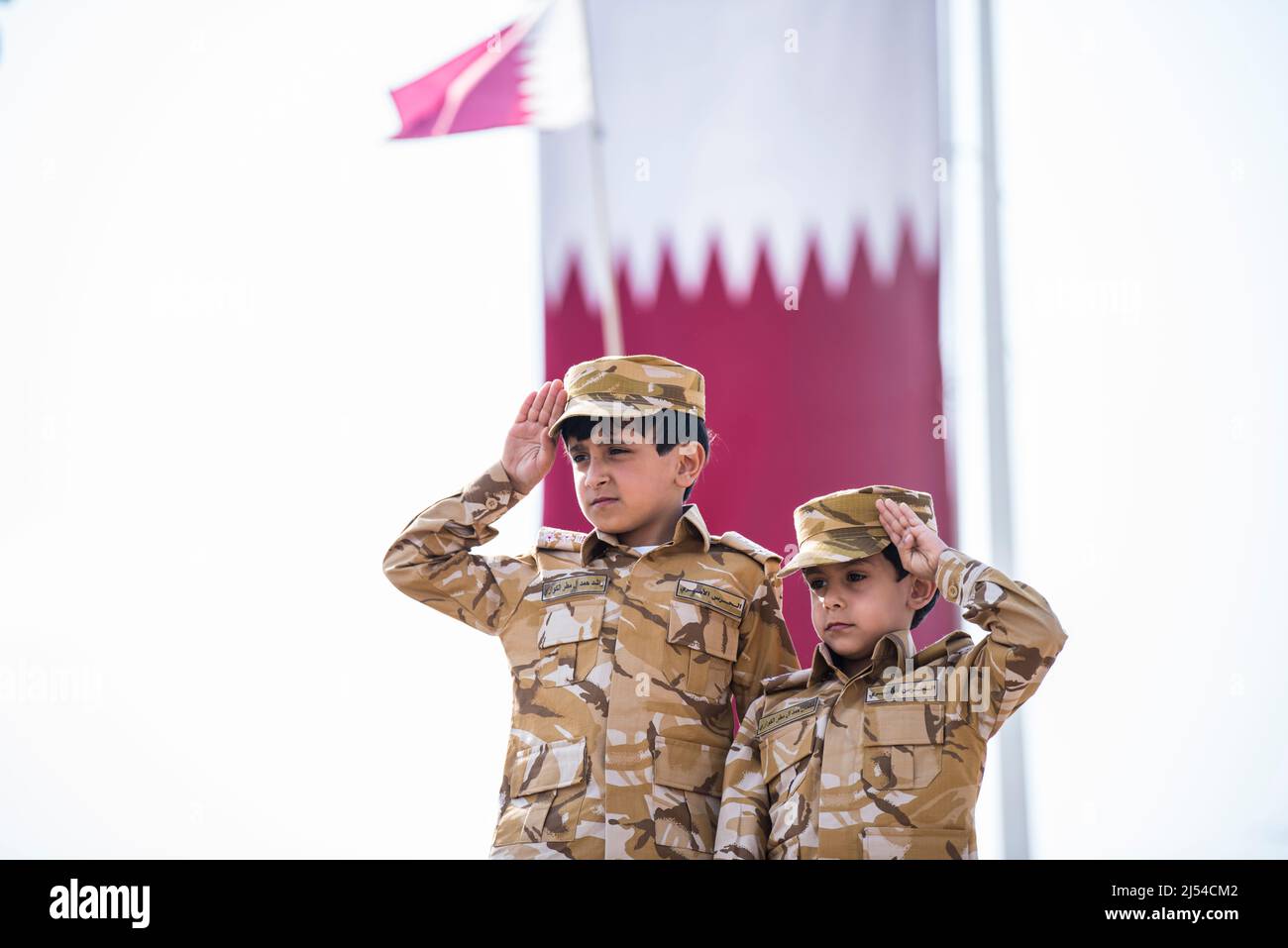Doha, Qatar, December 18,2019. Qatari children dressed in traditional ...