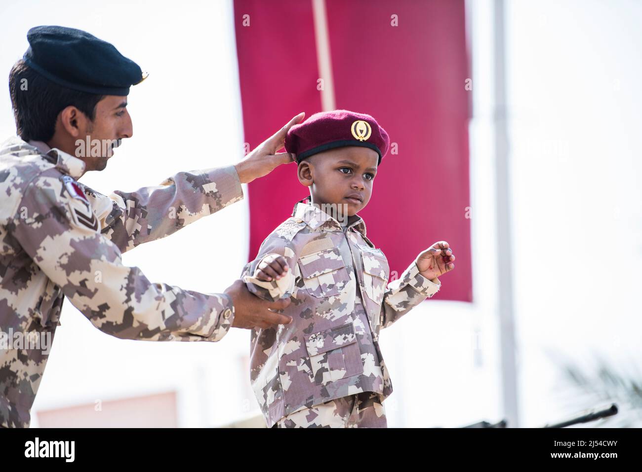 Doha, Qatar, December 18,2019. Qatari children dressed in traditional ...