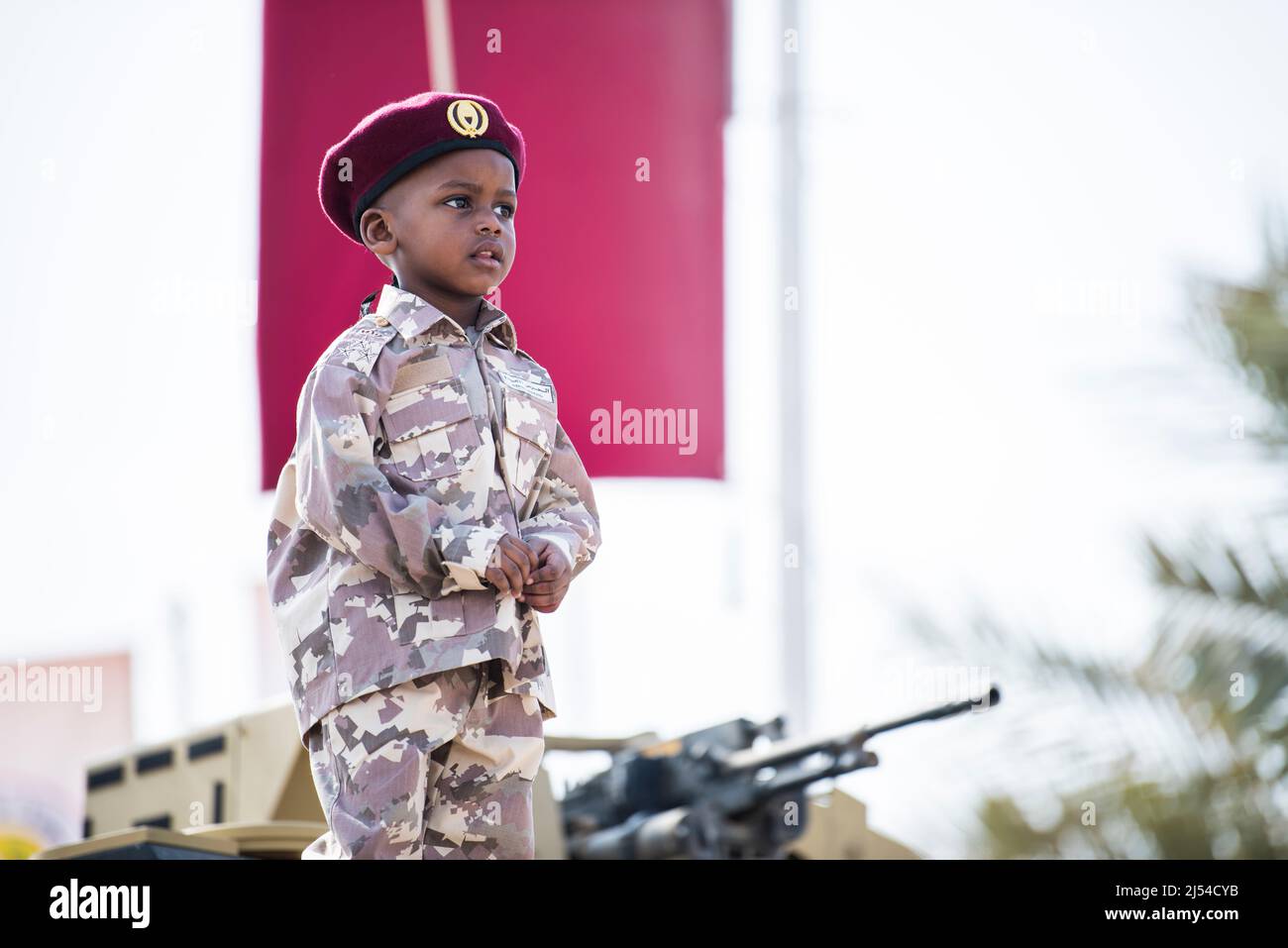Doha, Qatar, December 18,2019. Qatari children dressed in traditional ...