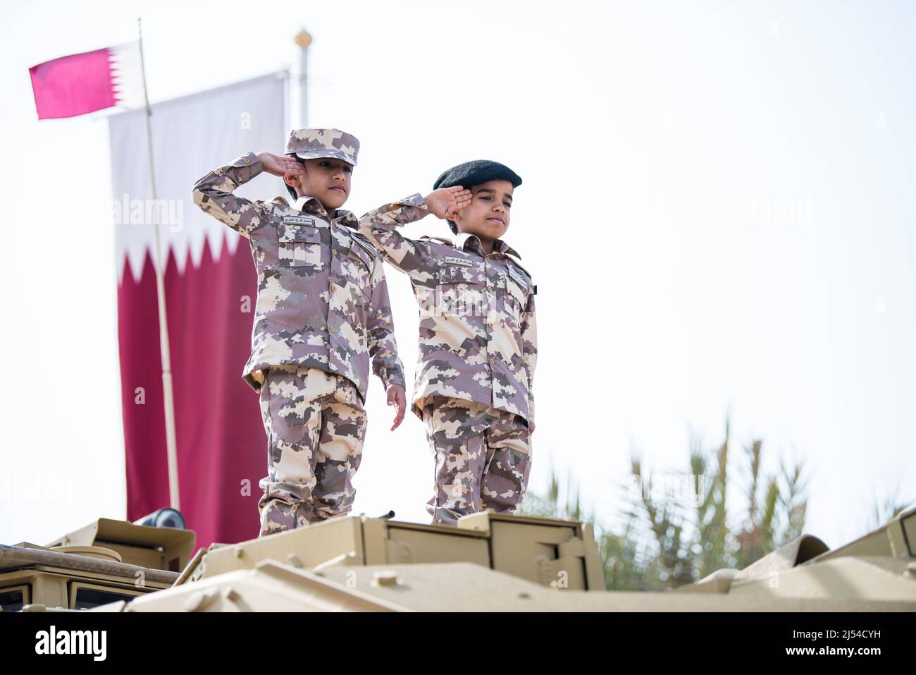 Doha, Qatar, December 18,2019. Qatari children dressed in traditional ...