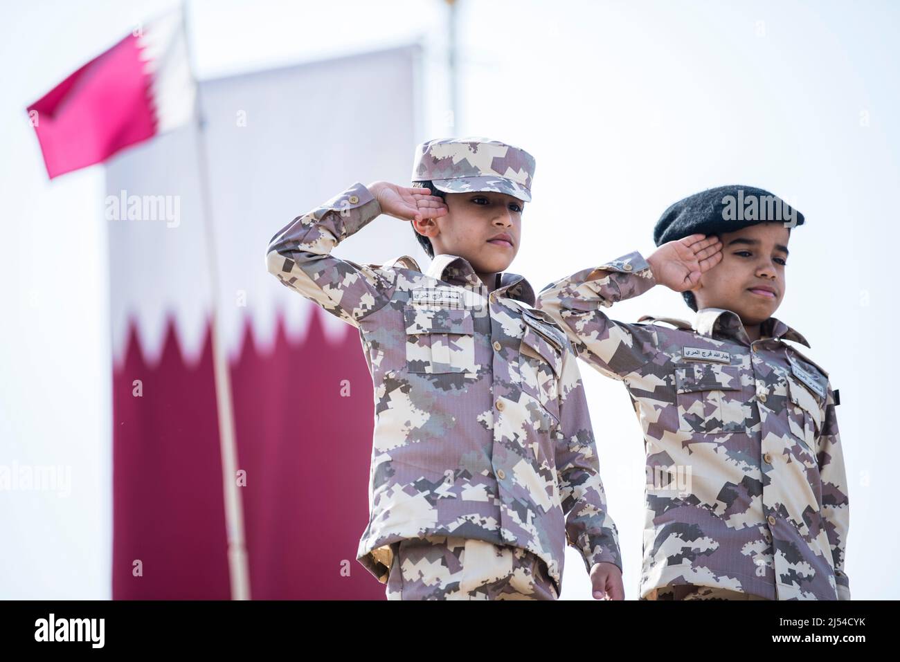 Doha, Qatar, December 18,2019. Qatari children dressed in traditional ...