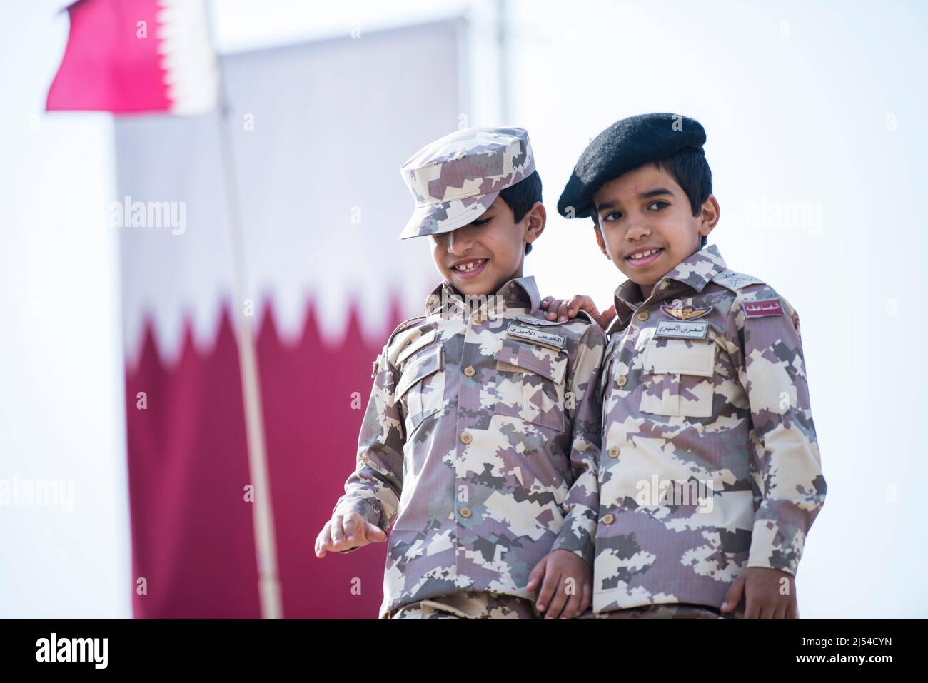 Doha, Qatar, December 18,2019. Qatari children dressed in traditional ...