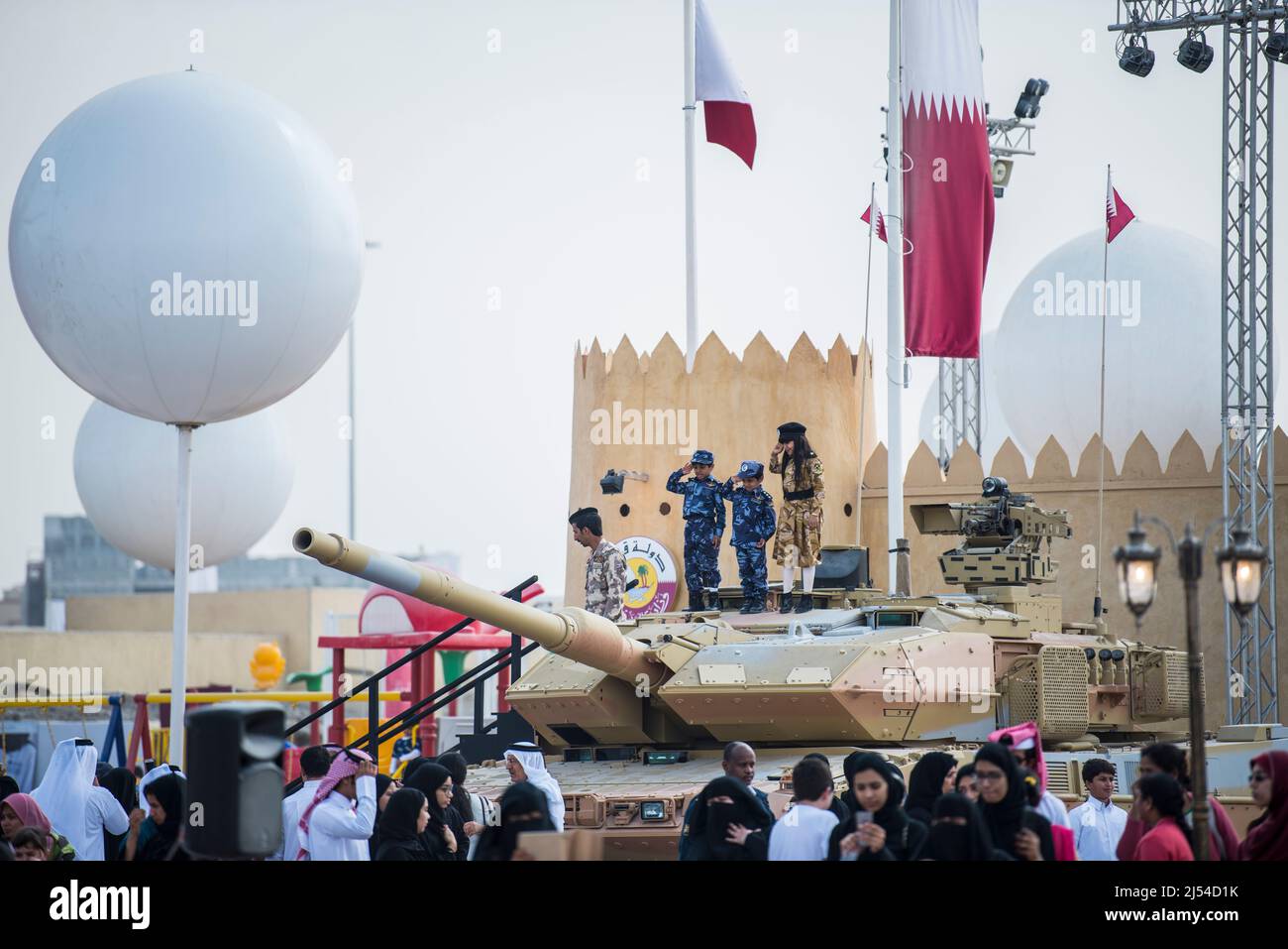 Doha, Qatar, December 18,2019. Qatari children dressed in traditional ...