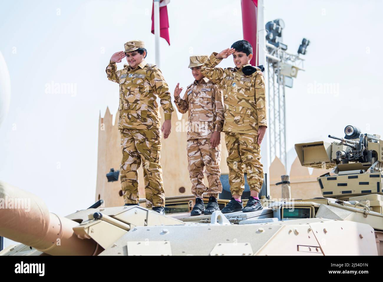 Doha, Qatar, December 18,2019. Qatari children dressed in traditional ...