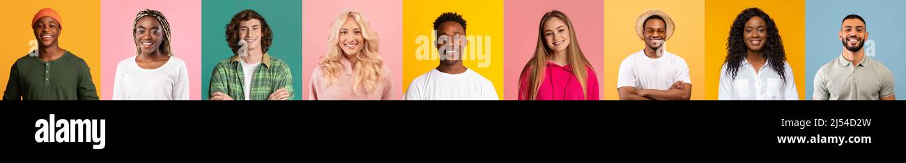 Multiple Portraits Of Positive Young Multiethnic People Over Bright ...