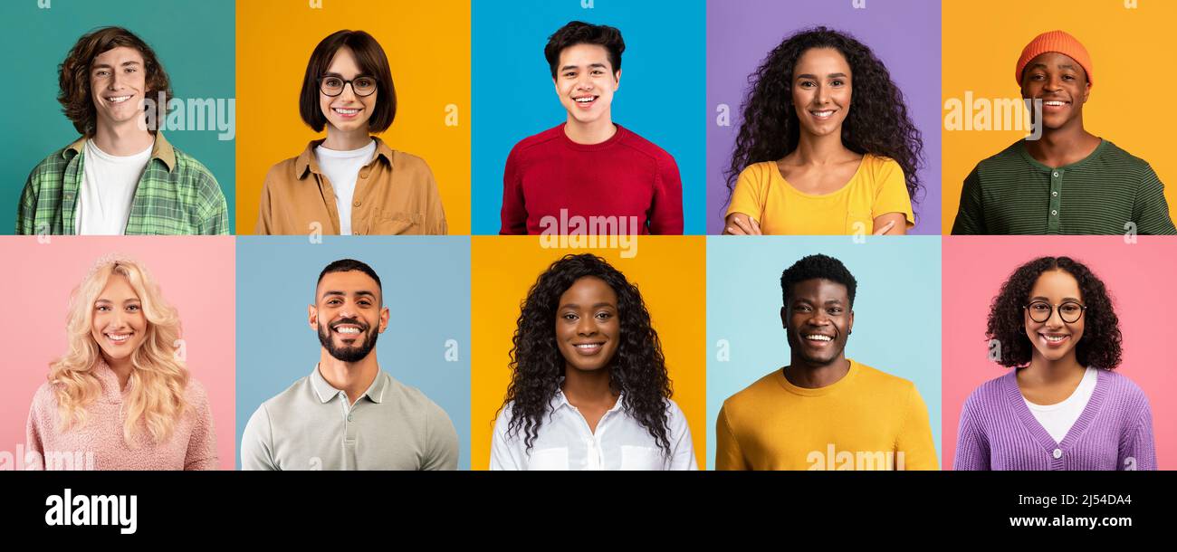 Creative Collage Of Happy Multiethnic Millennials Posing Over Colorful ...