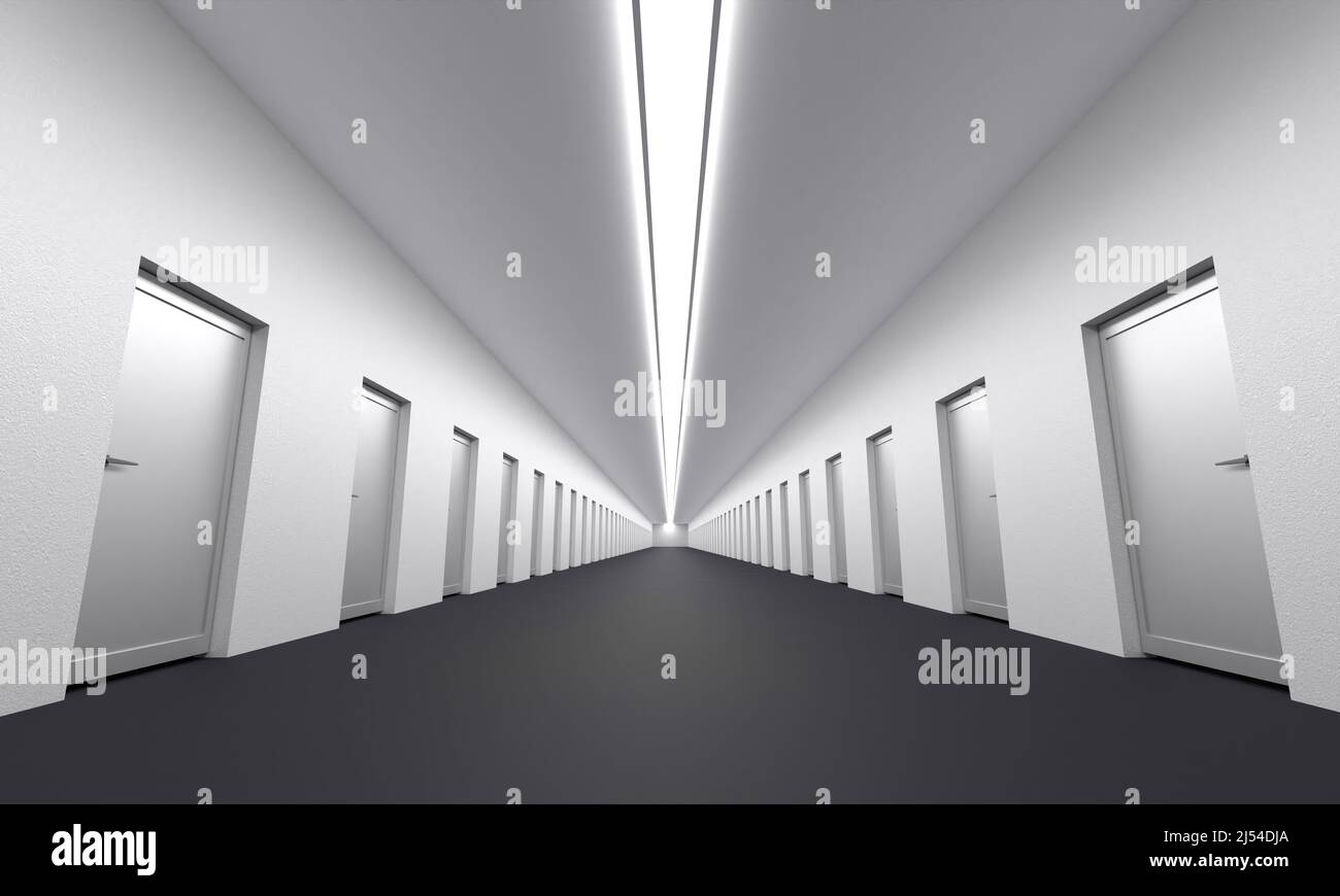 White corridor with many doors. 3D render Stock Photo - Alamy
