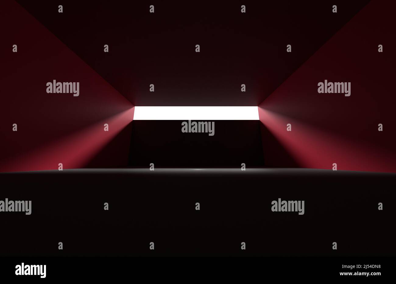 Abstract room with a beam of light from a hole. Room with red walls ...
