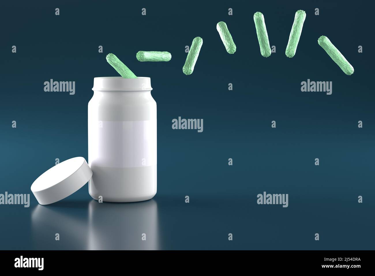 Probiotics, dietary supplement concept. Beneficial bacteria fly from a ...