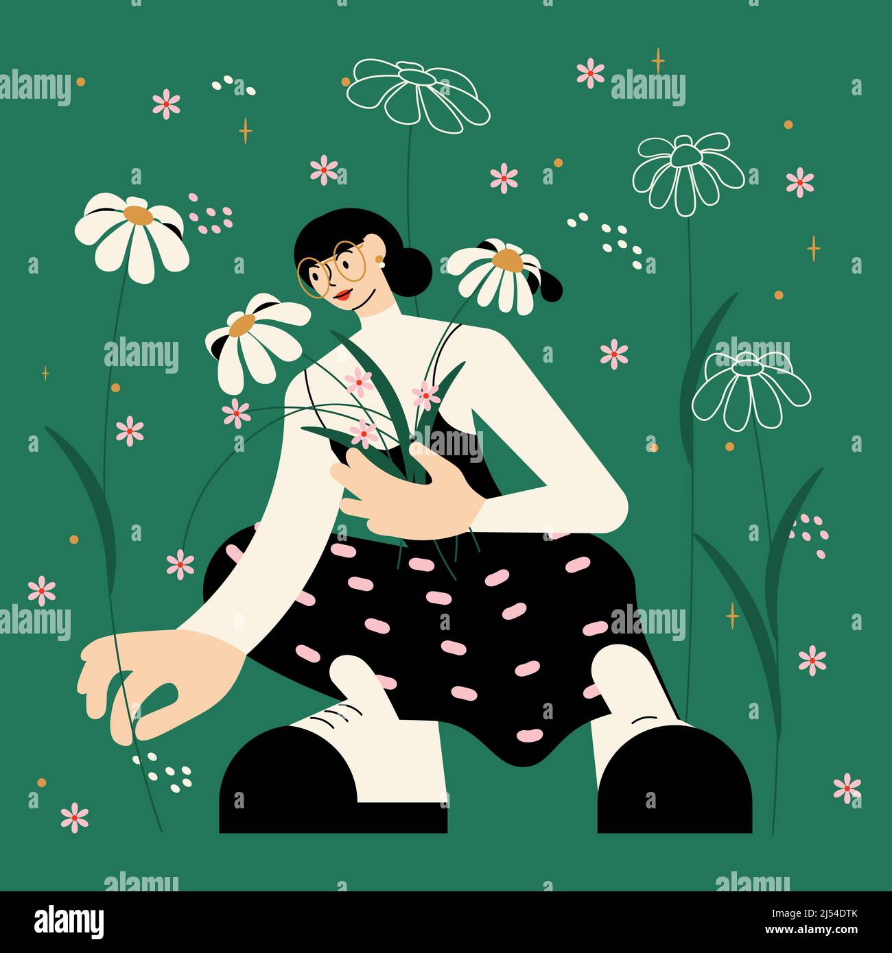 Young woman picks chamomile in meadow field Stock Photo - Alamy