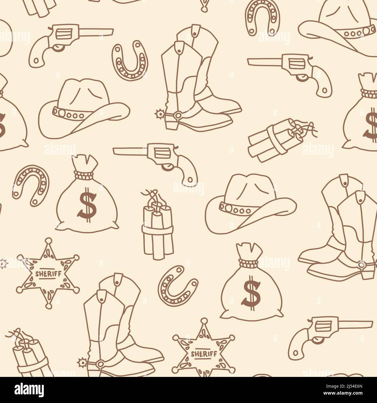 Cowboy Sheriff Wild West seamless vector pattern. Cowboy boots and hat ...