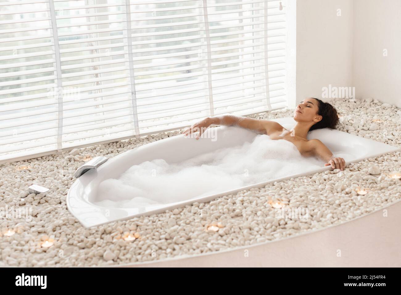 Relaxation And Wellness Full Length Of Pretty Young Woman Taking Foamy Bath Lying With Closed