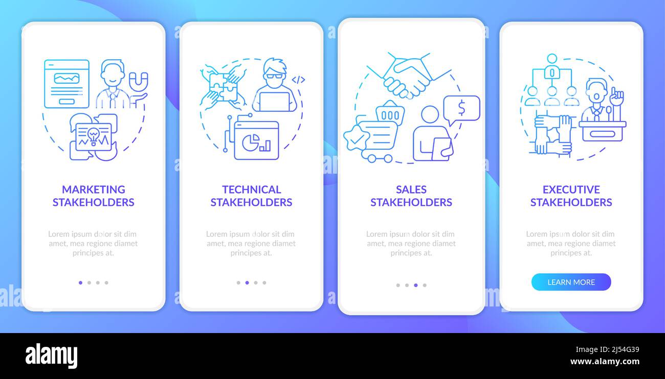Types of stakeholders blue gradient onboarding mobile app screen Stock ...