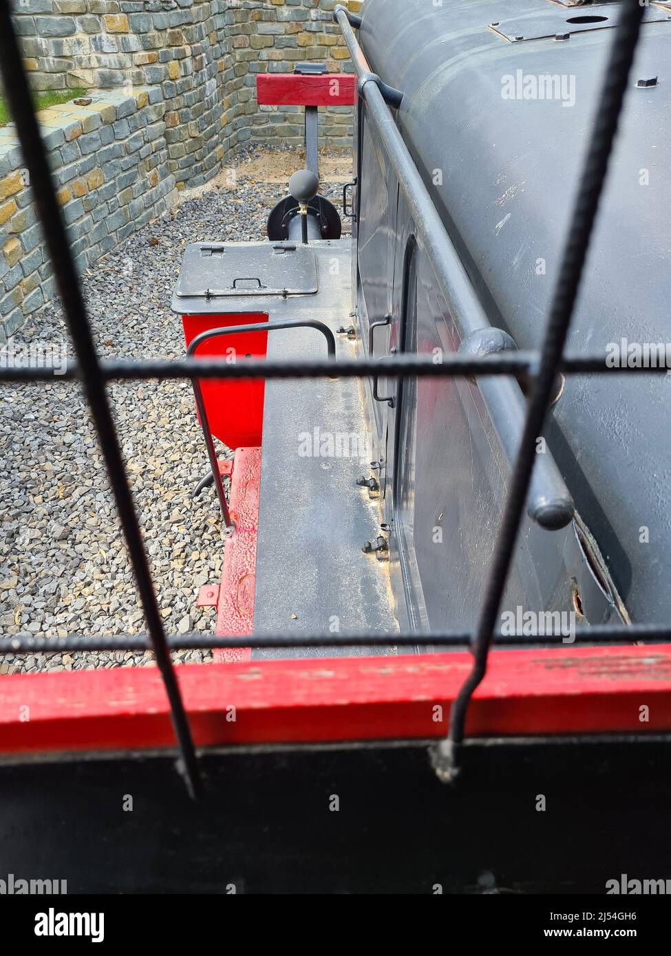Scenic view through window from riding train at railway with nature ...