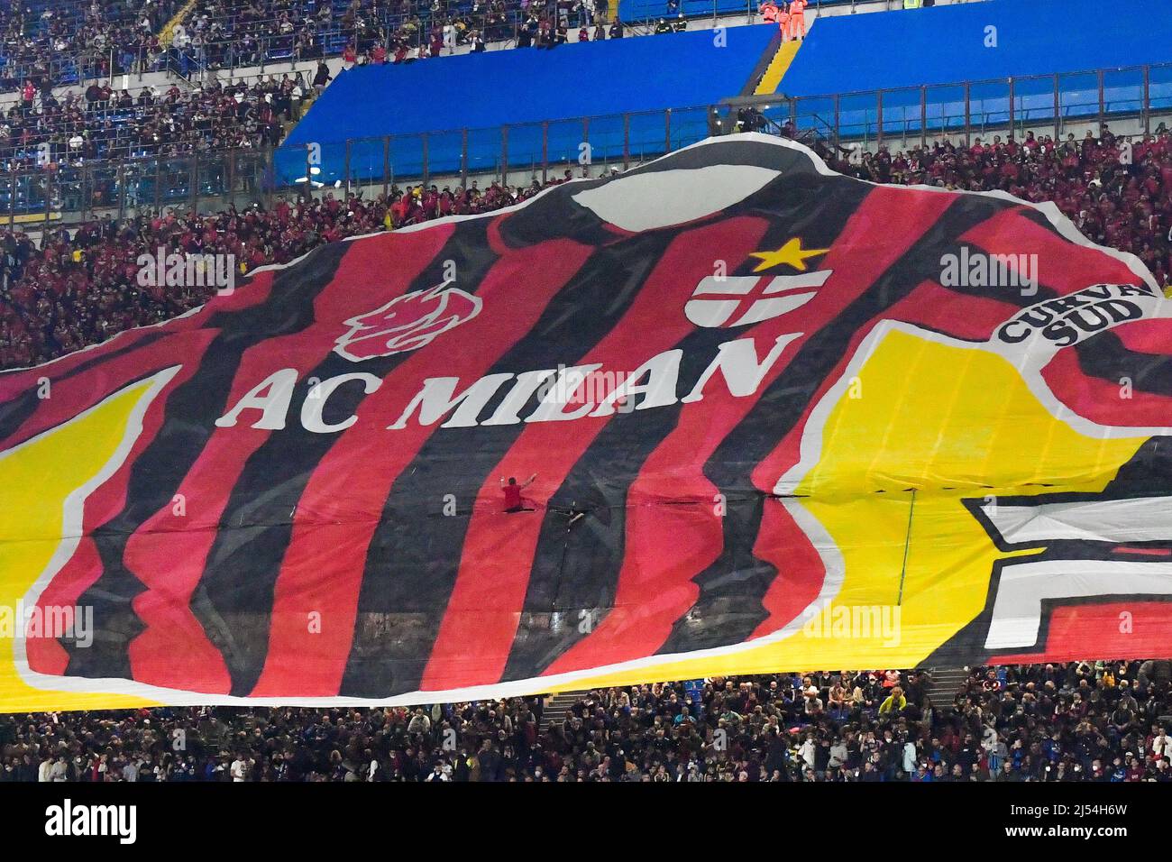 Milano, Italy. 19th Apr, 2022. Football fans of AC Milan seen on the ...