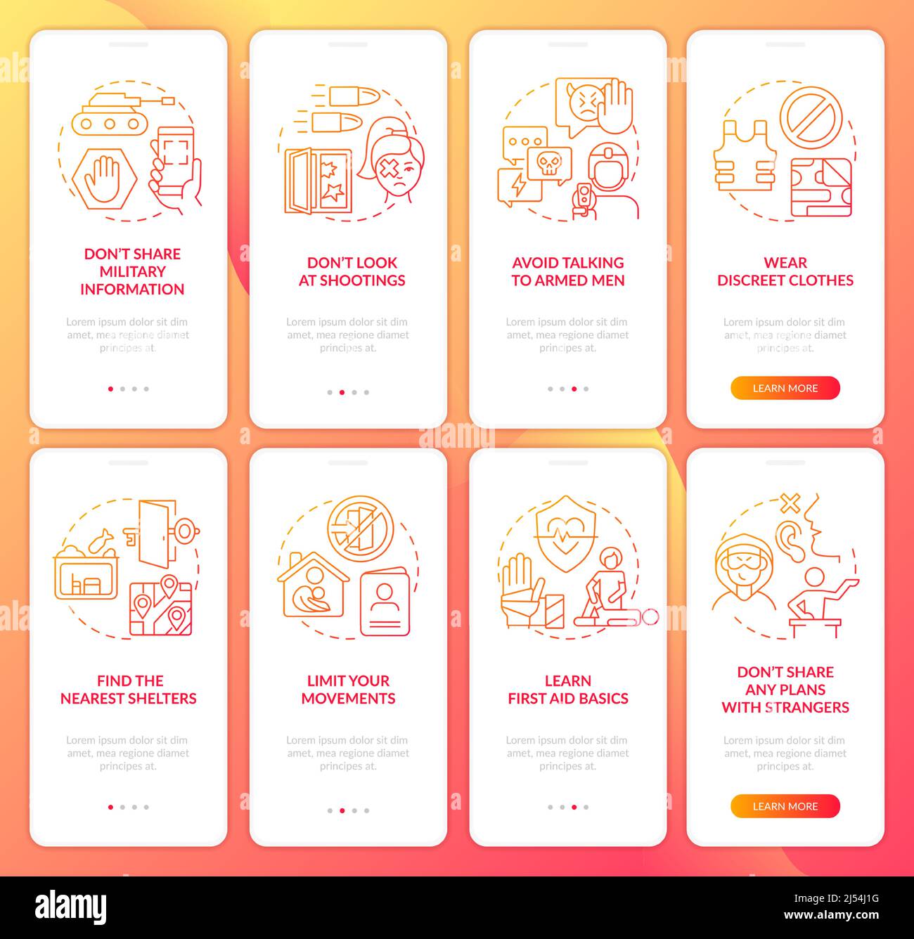 Actions at war conflict red gradient onboarding mobile app screen set ...