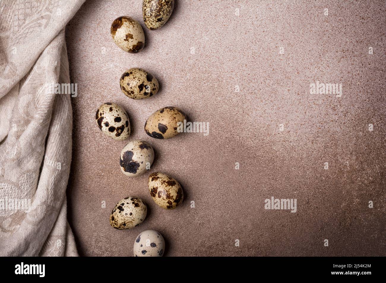Top view of small quail eggs on brown concrete background with copy ...