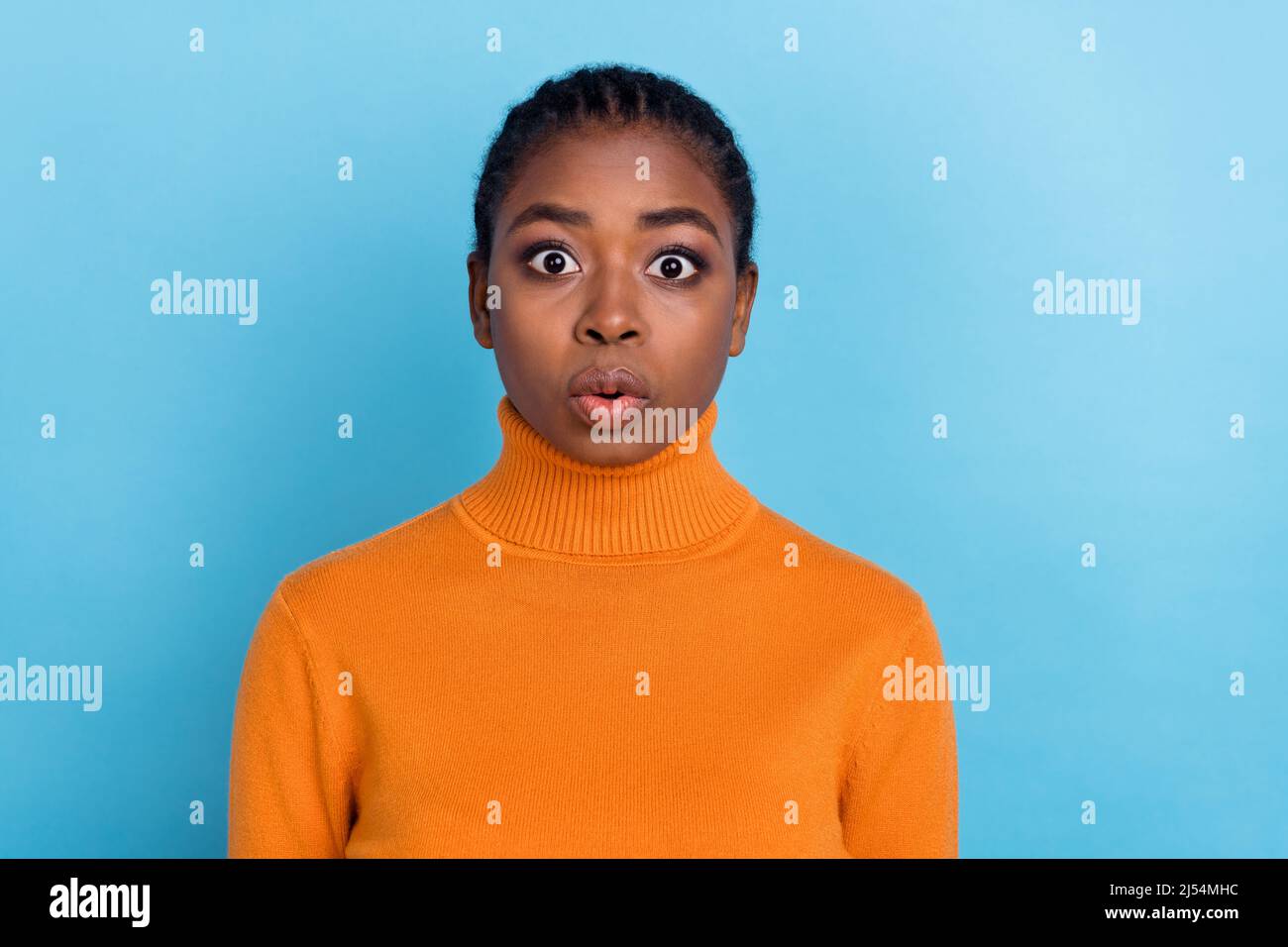 Photo of scared nervous lady look camera open mouth wear orange shirt ...