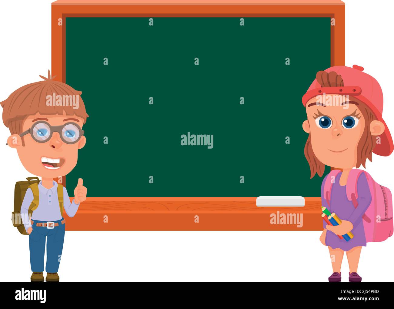 Kids standing beside blackboard. Cartoon characters in school classroom ...