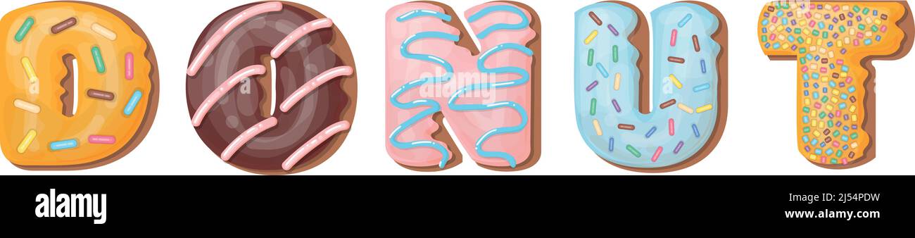 Donut text in sweet food style with glazing and sprinkles. Decorative ...