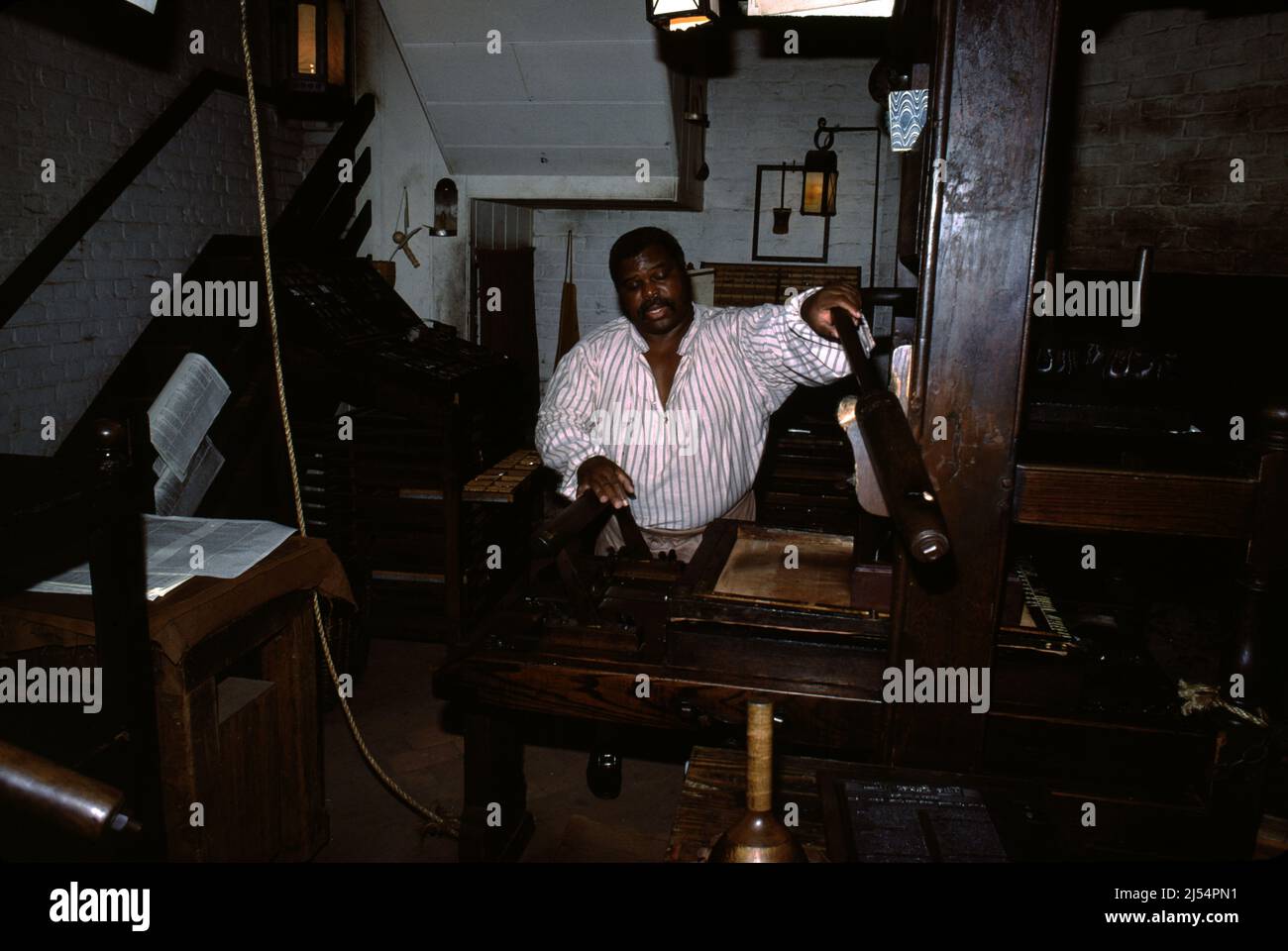 Williamsburg, CA. U.S.A. 9/1987. Colonial printer and binder Stock ...