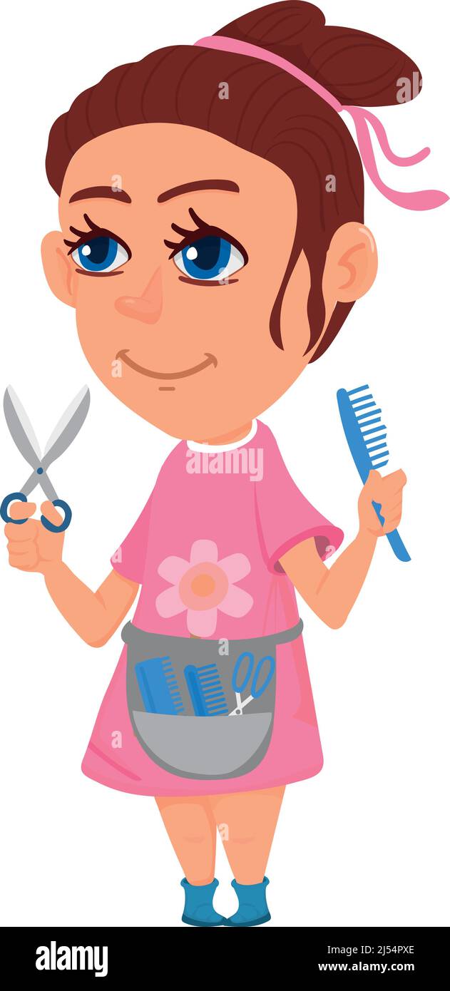 Barber girl with scissors and hair brush. Kid profession character ...