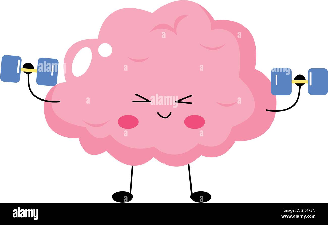 illustration of pink cartoon brain exercising with dumbbells,stock ...
