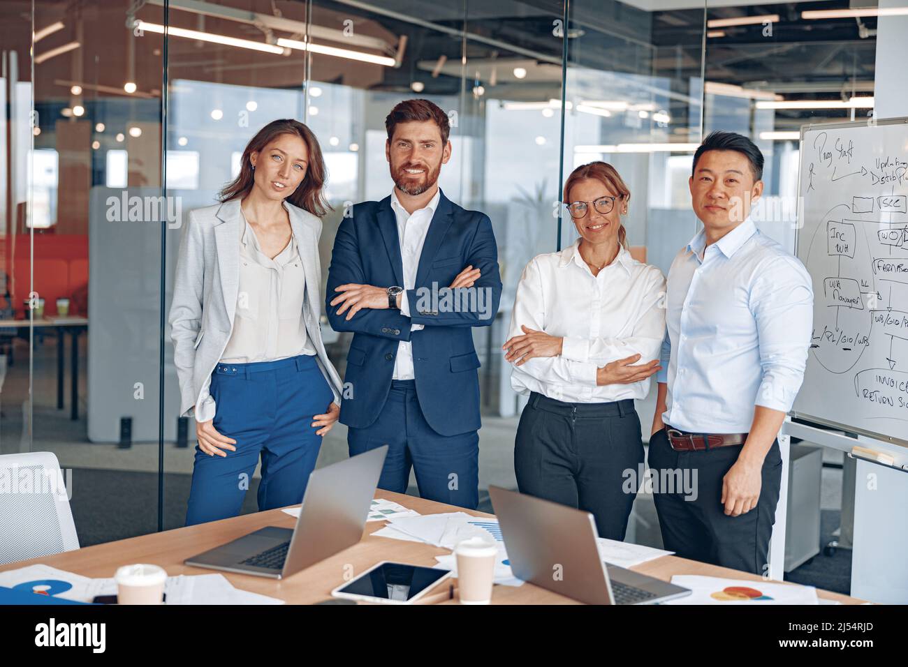 Portrait of diverse employees workers. Smiling success colleagues in ...