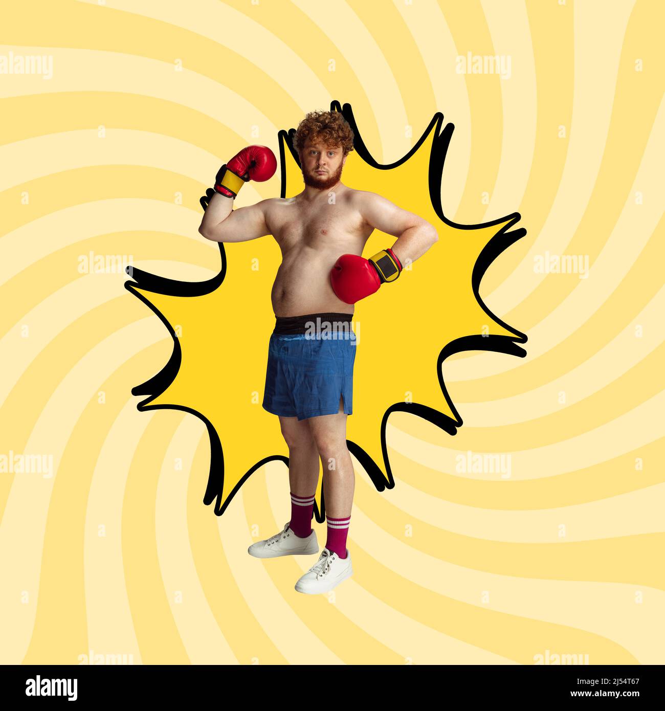 Contemporary art collage. Funny man standing in red boxing gloves ...