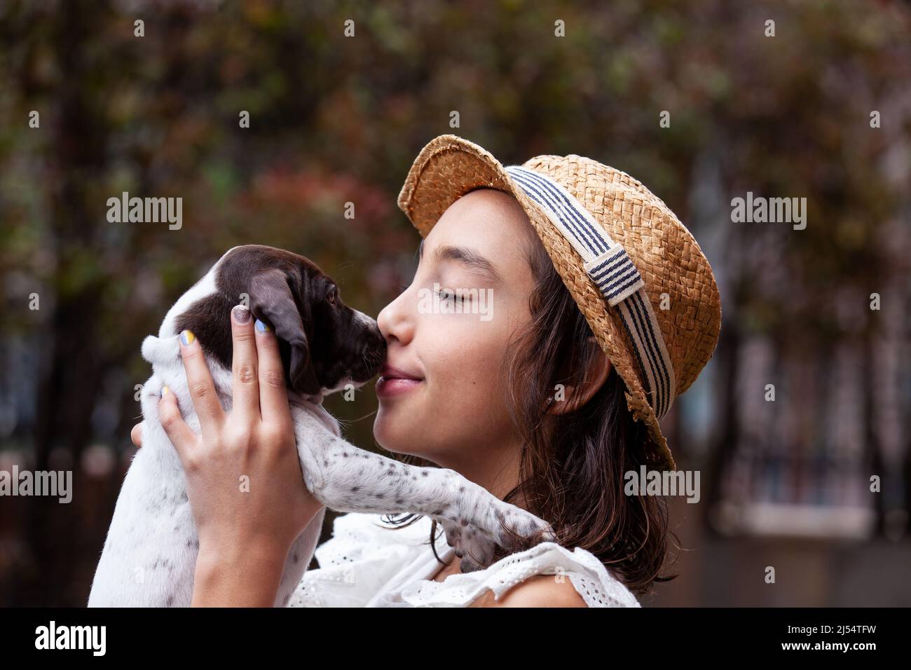 Beautiful young girl having fun with her small French Braque puppy ...