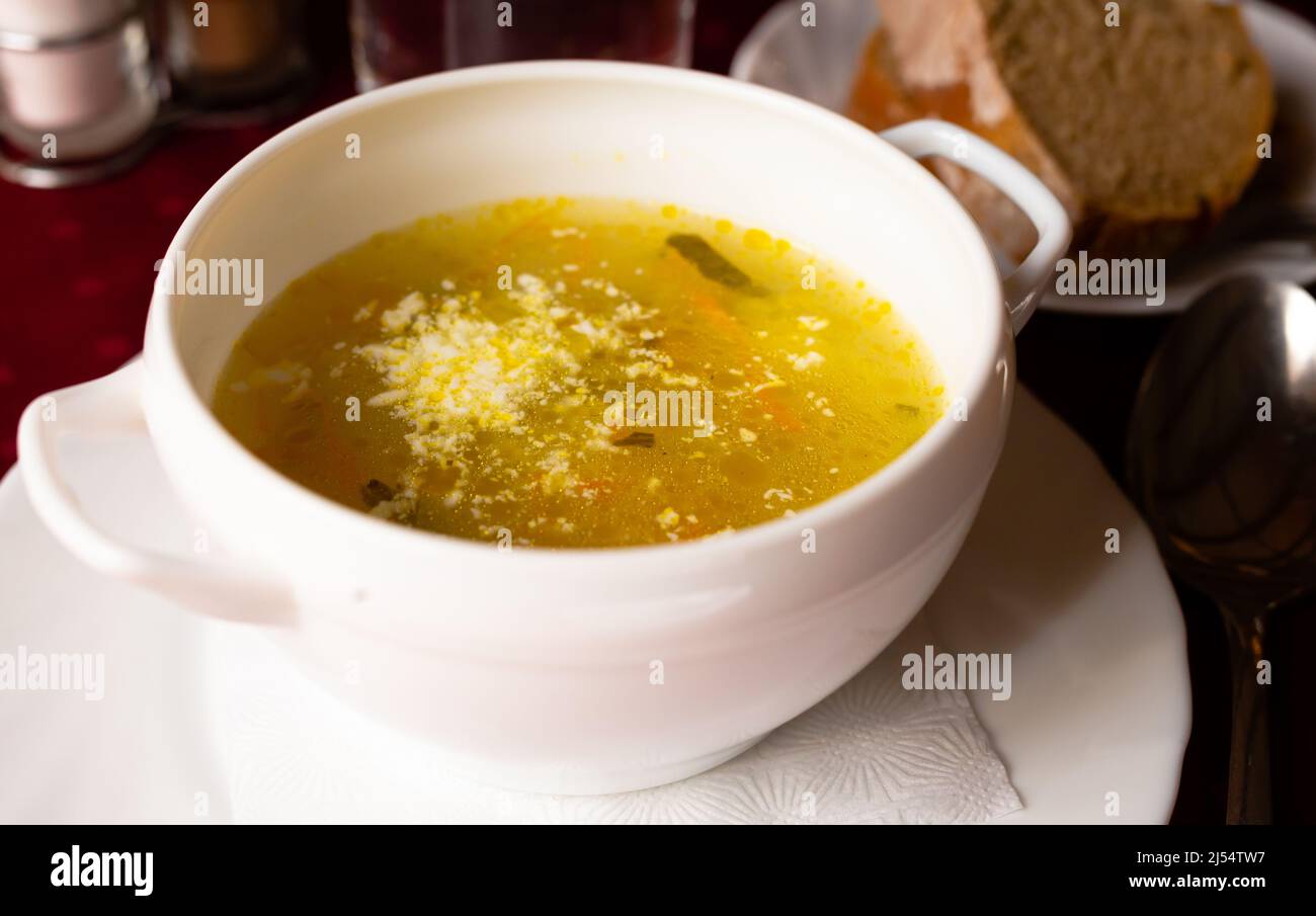 Soviet soup with pickles and barley. Leningrad rassolnik Stock Photo ...
