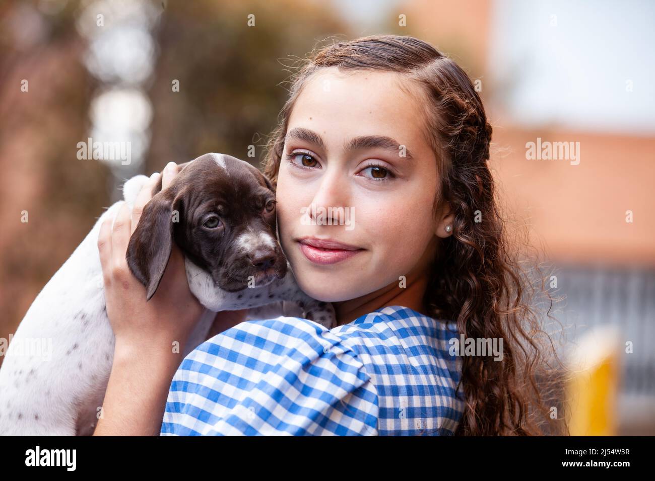 Beautiful young girl having fun with her small French Braque puppy ...