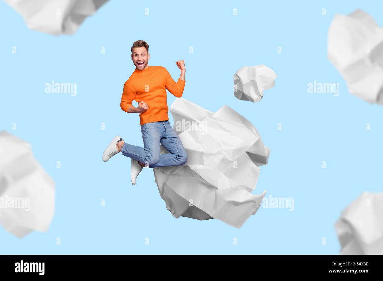 Surreal composition of clever man fist up great conclusion crumple ...