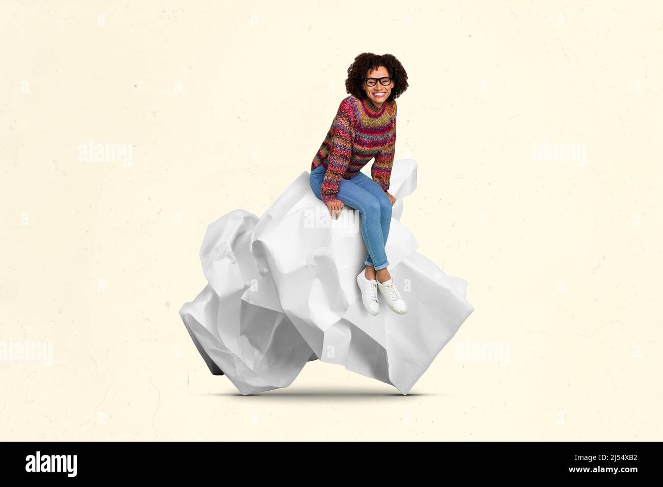 Modern sketch of clever lady sit unusual big paper enjoy brilliant ...