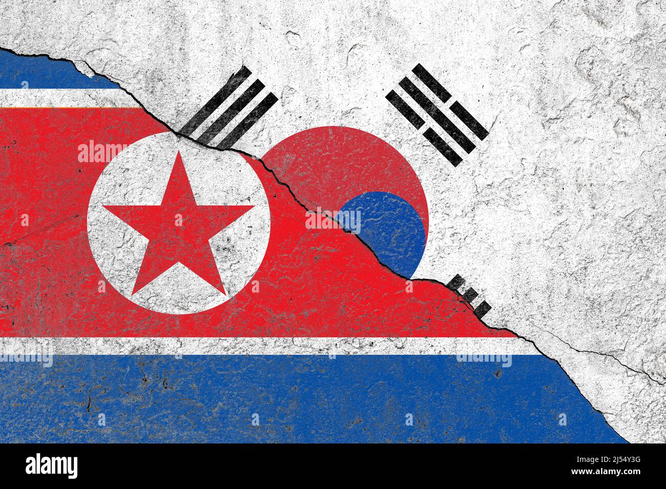 North korea and south korea flag on a cracked old concrete wall Stock ...