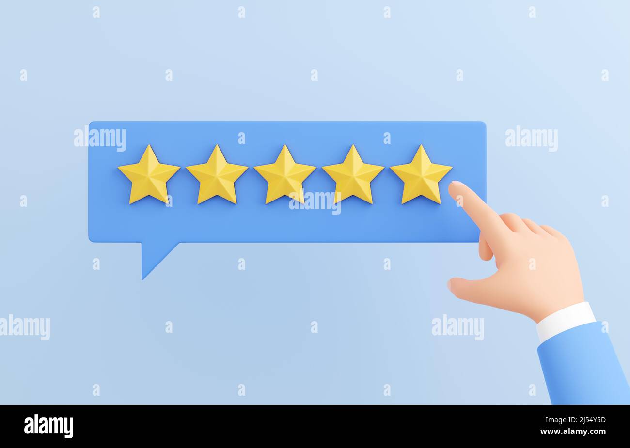 Customer review 3d render - human hand marking 5 star on speech buble. Positive client ...