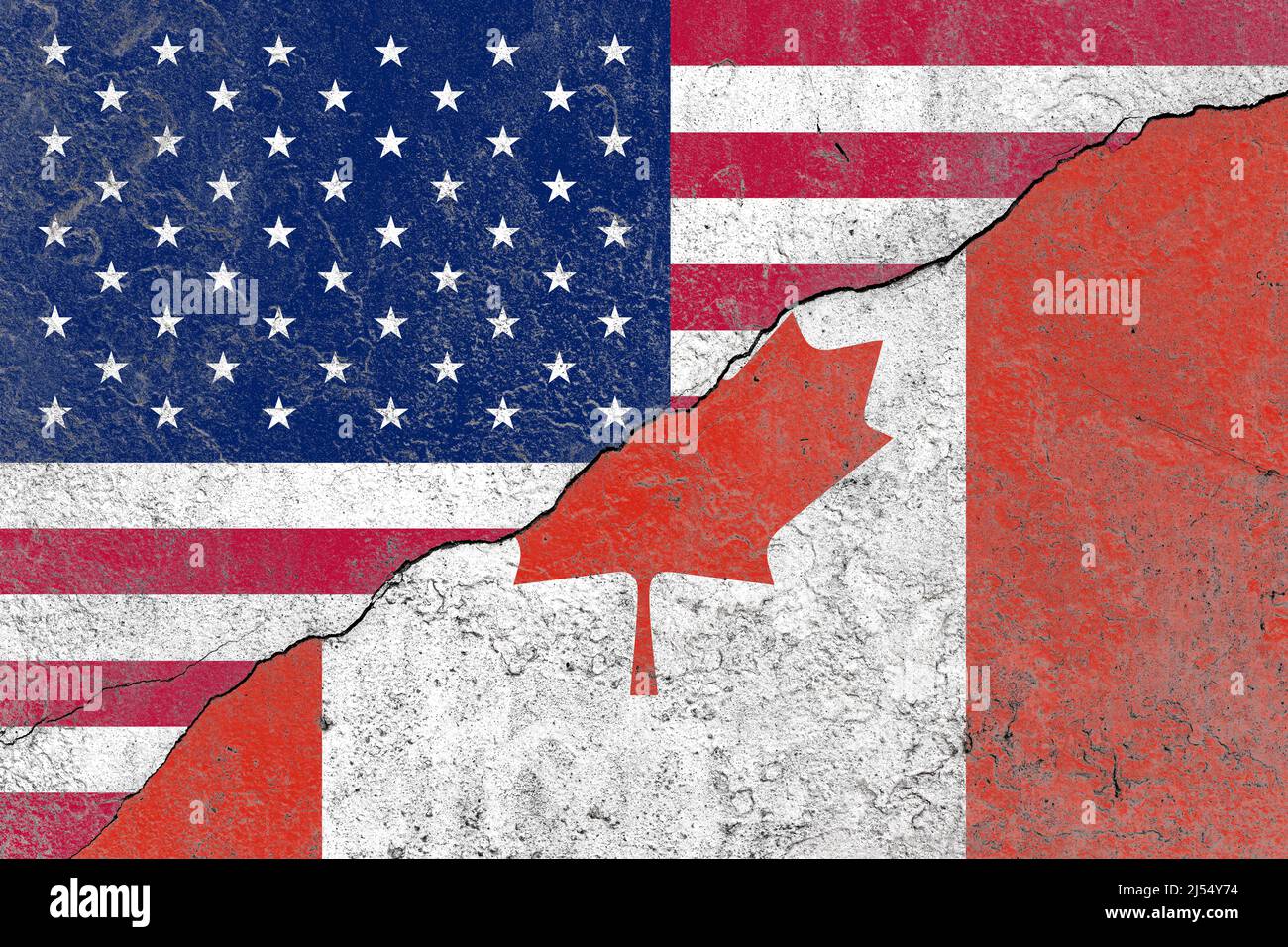 United states and canada flag on a cracked old concrete wall Stock ...