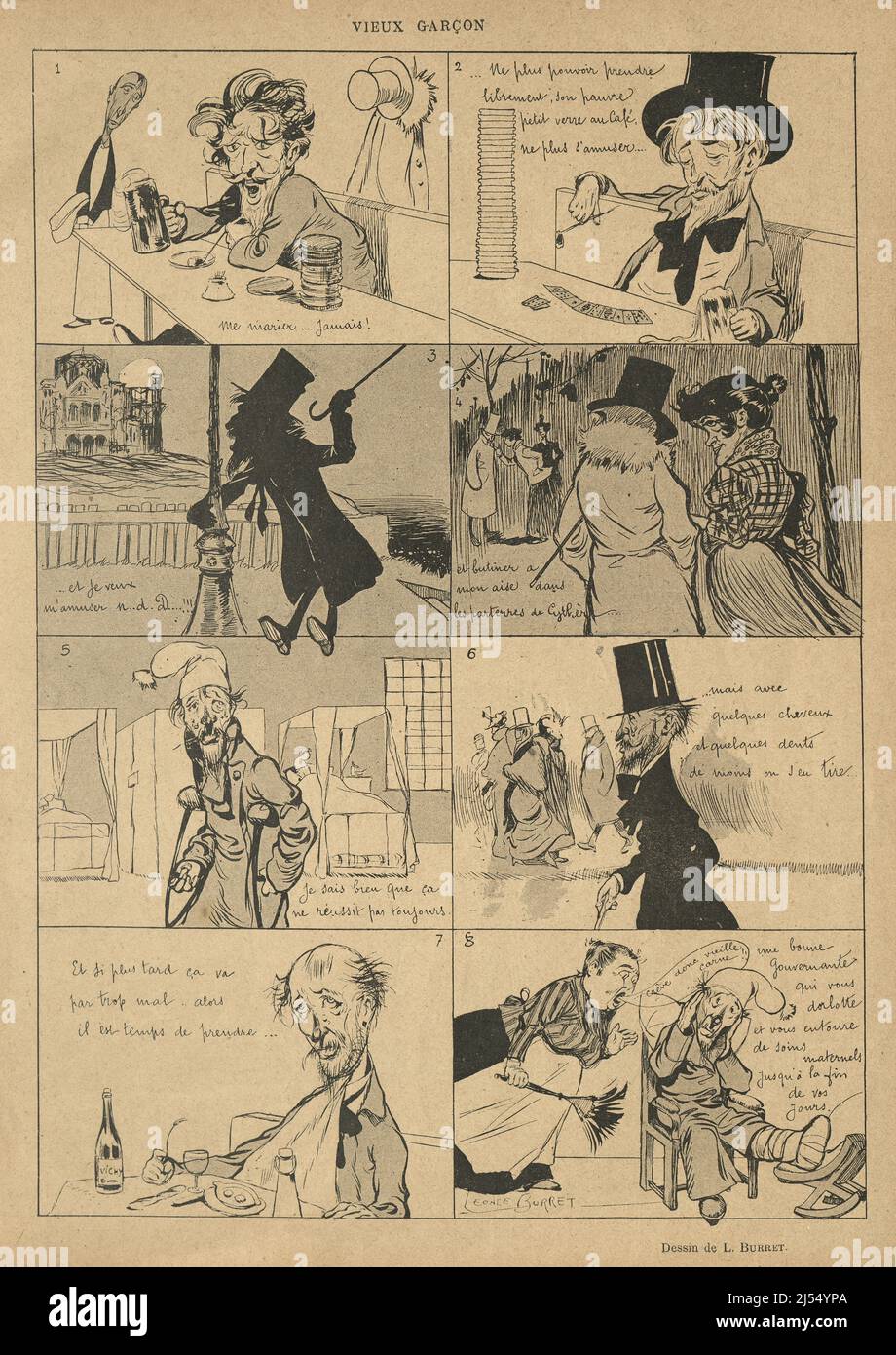 Vintage illustration French cartoon comic strip, 19th Century. Vieux ...