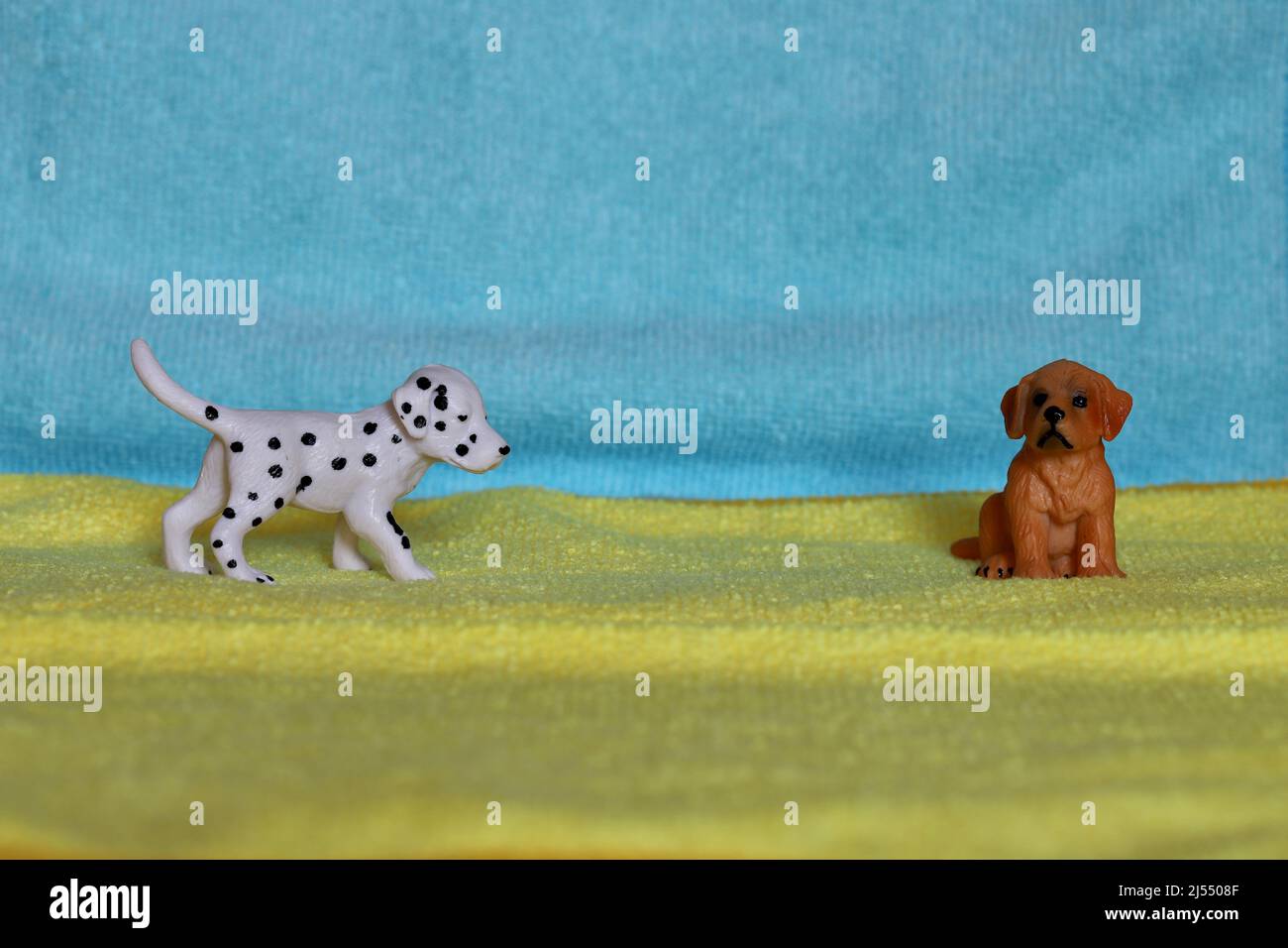 Model plastic dogs on a dishcloth beach Stock Photo - Alamy