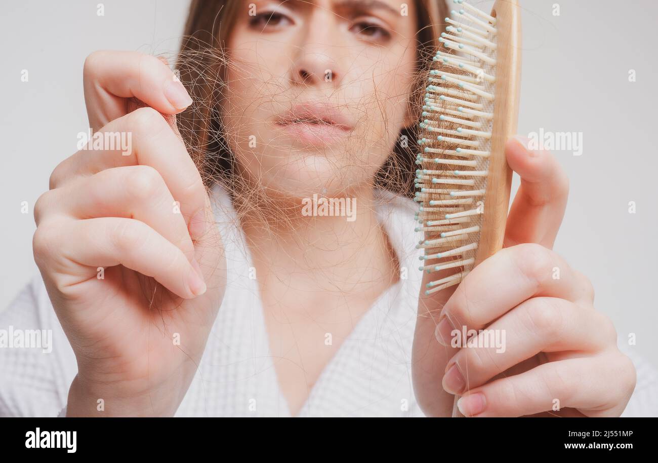 Sad girl with damaged hair. Hair loss problem treatment. Portrait of ...