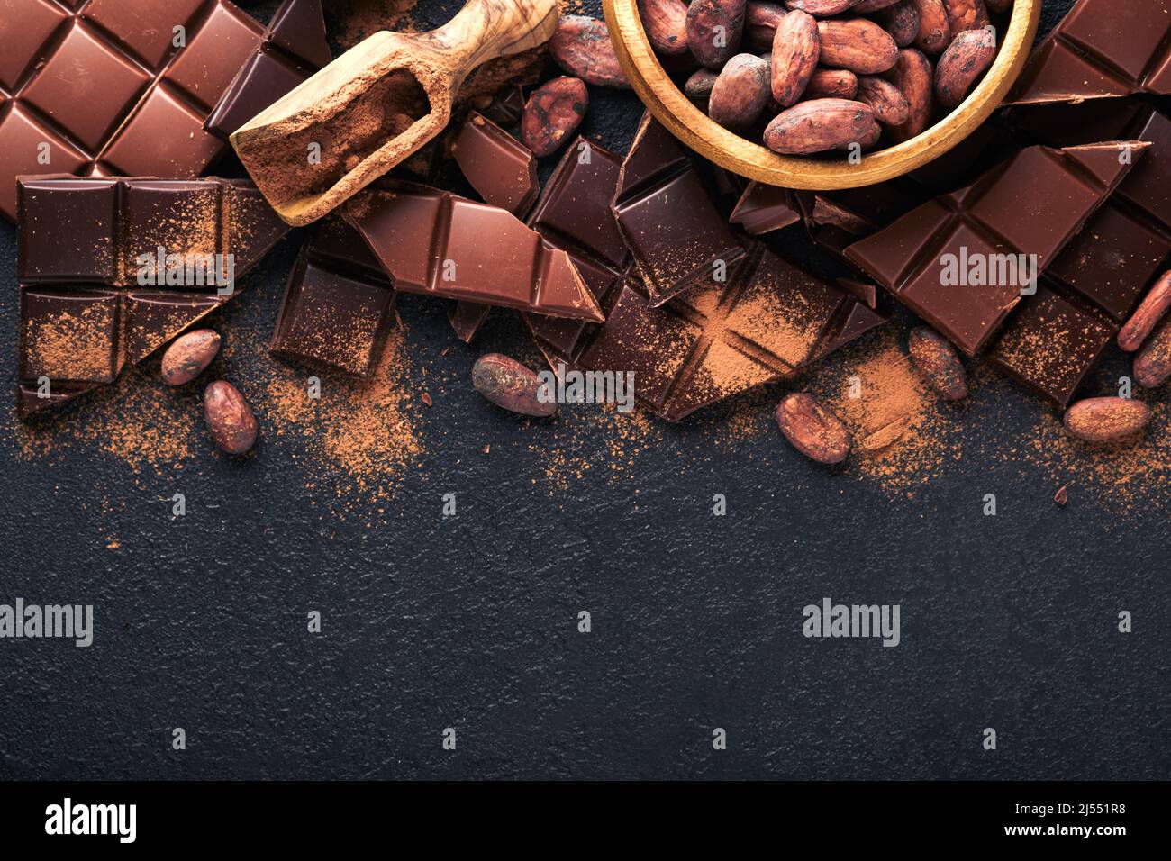 Chocolate . Composition of cocoa powder, grated and bean cocoa bars and ...